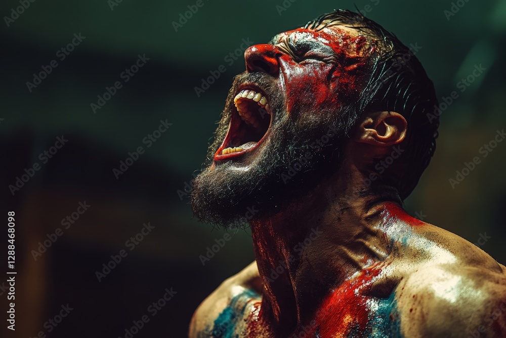 Intense expression of pain and rage captured in a dramatic moment of ...