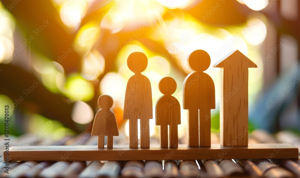 Luminous bar chart background with wooden figures depicting family ...