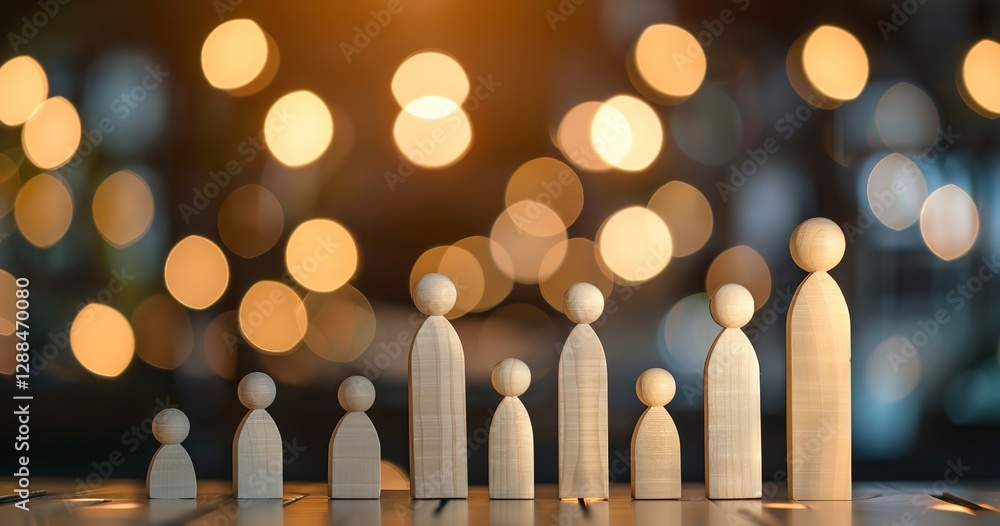 Luminous bar chart background with wooden figures depicting family ...