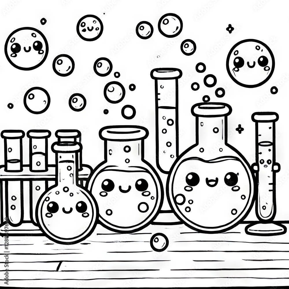 Cute Science Lab Equipment Outline Coloring Page for Kids Stock ...