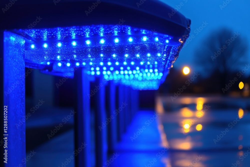 Self service car wash stalls illuminated by blue lights during early ...