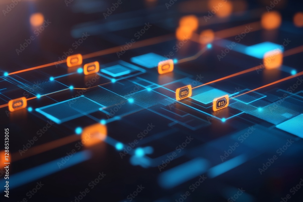 Futuristic digital technology background with blue grid and flowchart ...