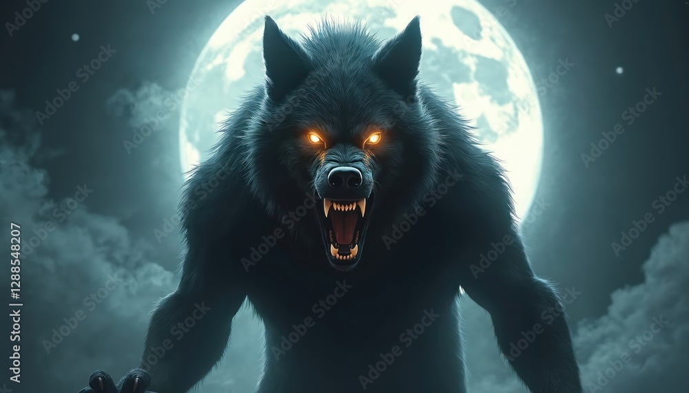 Fierce werewolf against full moon backdrop exudes power. Furry beast ...