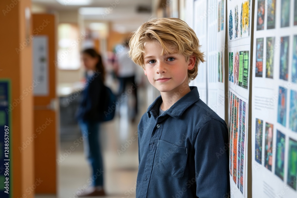 Young boy poses proudly at school science fair amid colorful posters ...