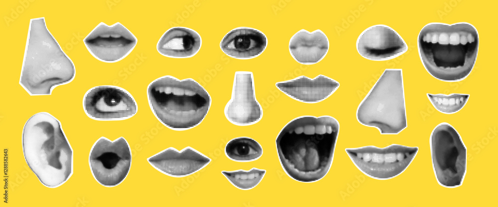 Halftone collage elements on yellow background. Set of dotted texture ...