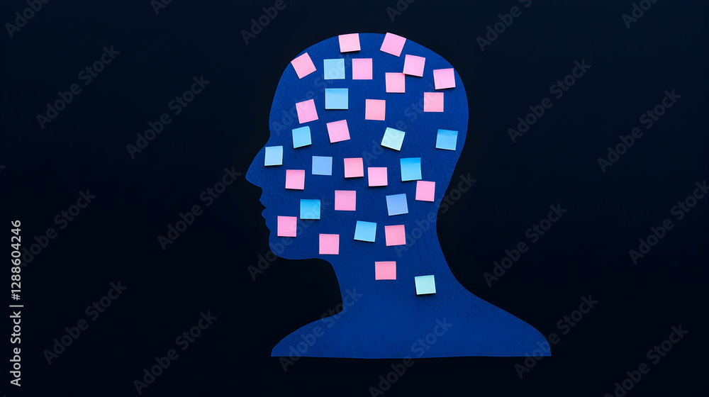Multicolored sticky notes filling human head profile, visualizing ...