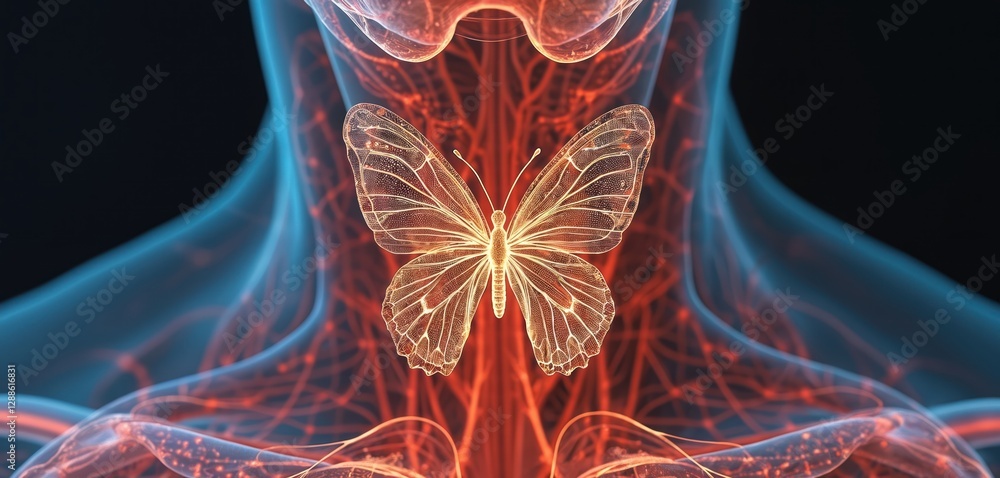 Medical illustration of thyroid gland, hormones production, metabolism ...