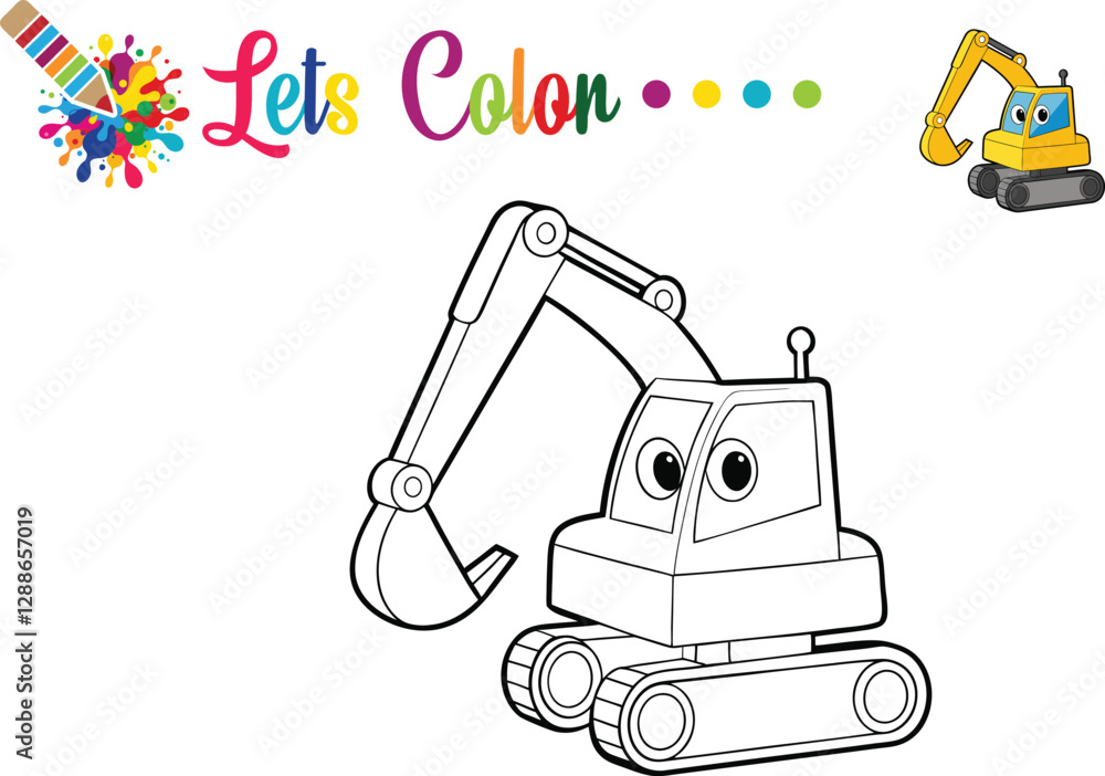 Cute Excavator Coloring Page for Kids Printable Activity for Preschool Learning Stock Vector ...