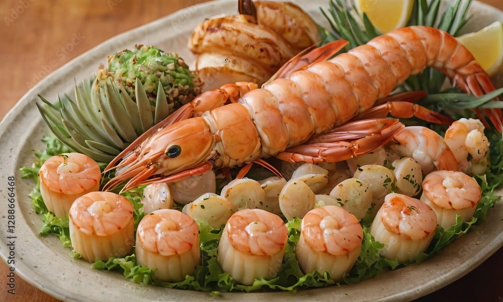 Exquisite seafood platter featuring lobster, shrimp and scallops for ...