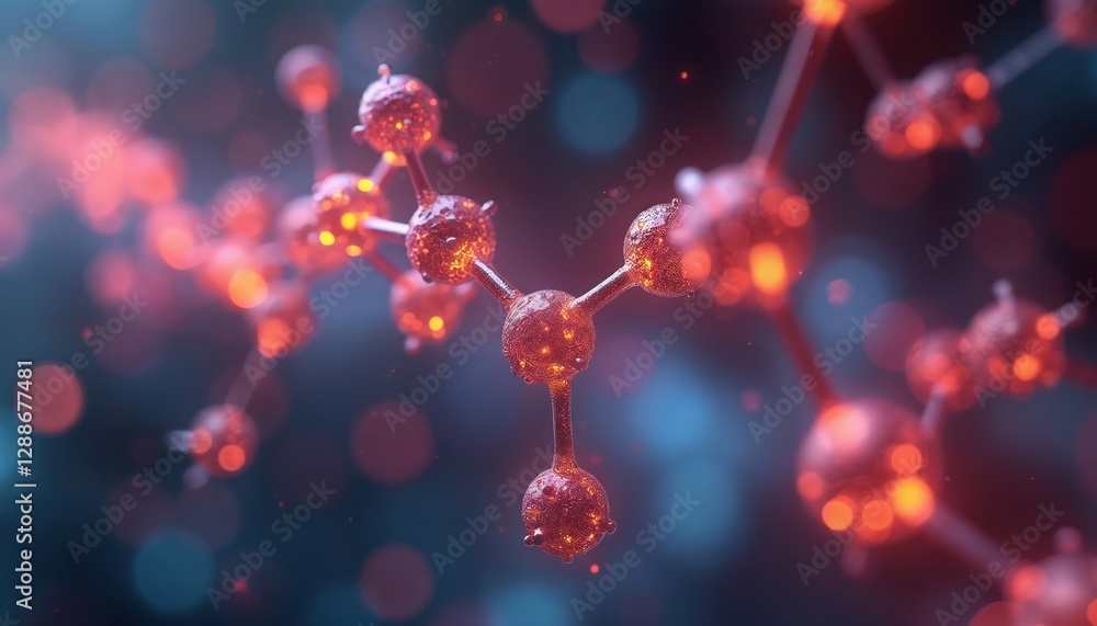 3D render of molecule with glowing red carbon chains. Visualizing ...