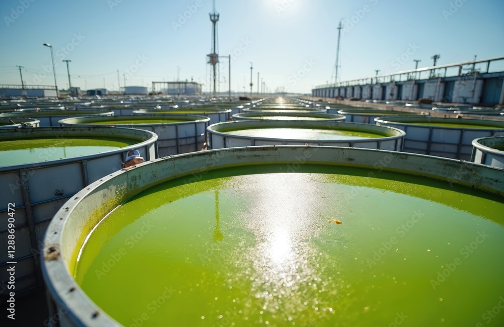 Enormous industrial plant tanks filled with green algae, sustainable ...