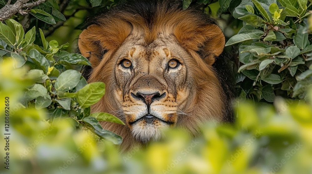 Majestic lion observing surroundings african savanna wildlife ...