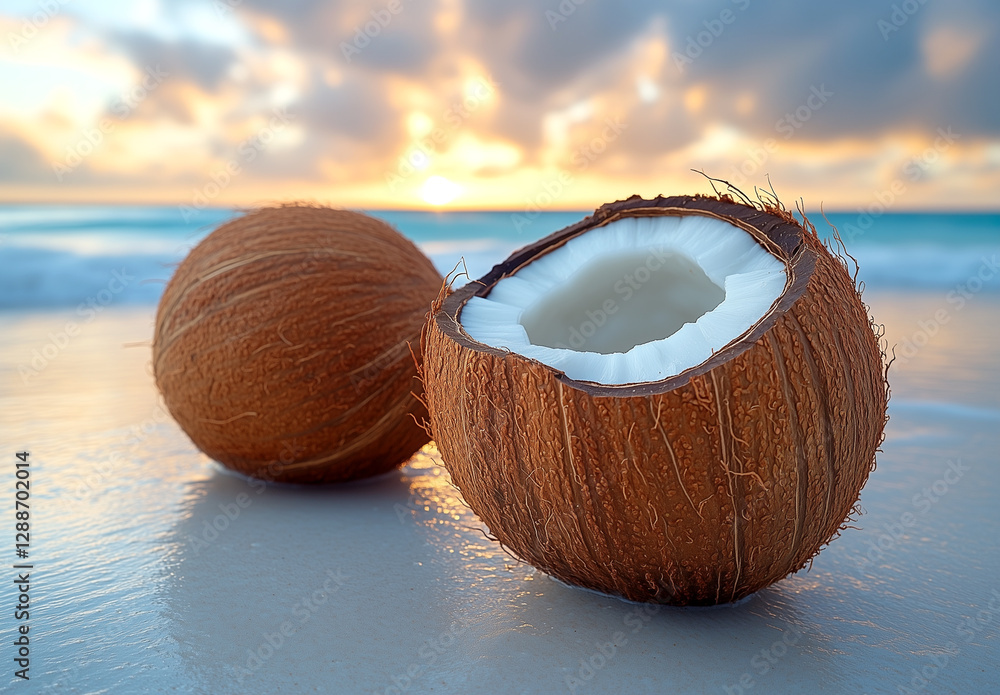 Two coconuts with straws on the beach, a tropical drink in a coconut ...