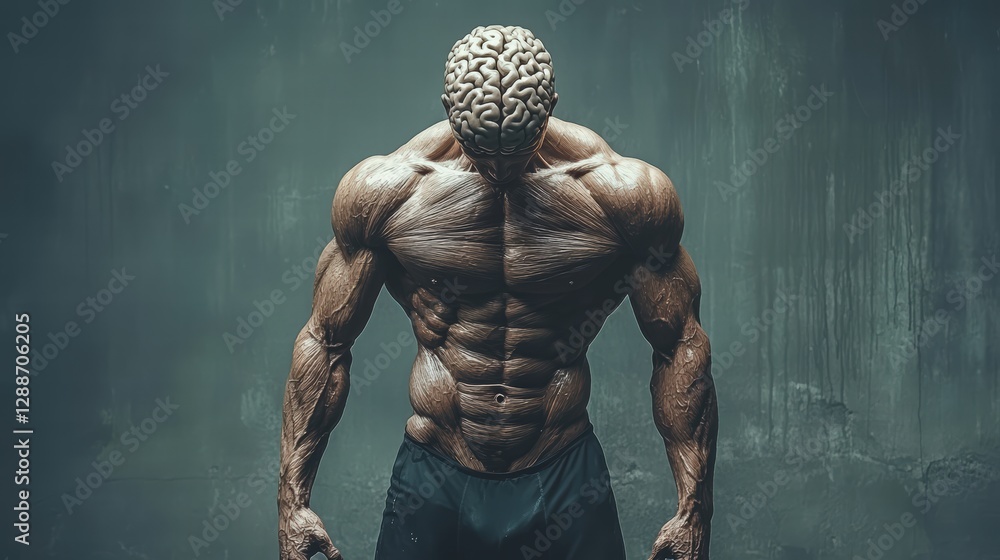 Surreal imagine of a human brain on a muscular body, flexing arms to ...