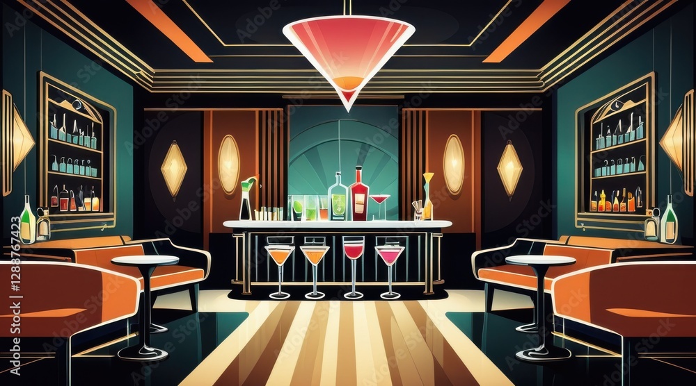 Pixel Art Deco Cocktail Bar Interior with Teal Walls and Gold Accents ...