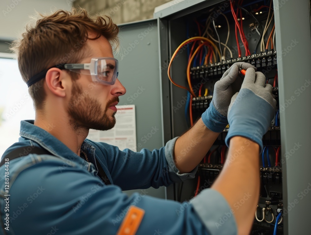 Electrician wearing safety goggles and gloves connecting wires in ...