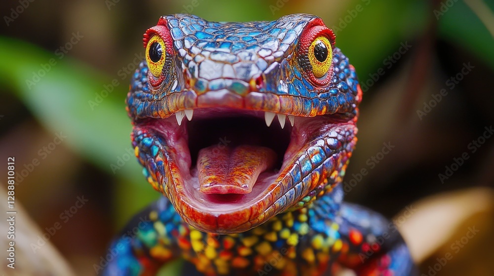 A vibrant mosaic adorns the agile lizard's head and neck, with an open ...