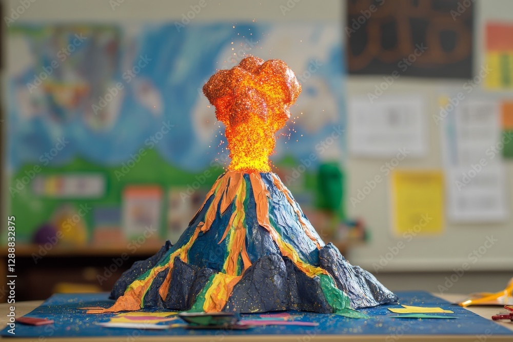 Colorful paper mache volcano with erupting lava in classroom Stock ...