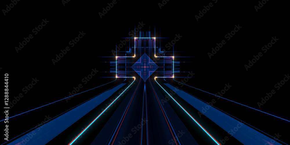 Empty digital podium with neon ligts. Glowing scene spotlights..Product ...