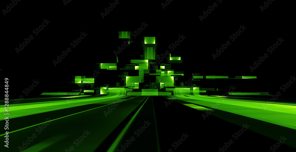 Empty digital podium with neon ligts. Glowing scene spotlights..Product ...