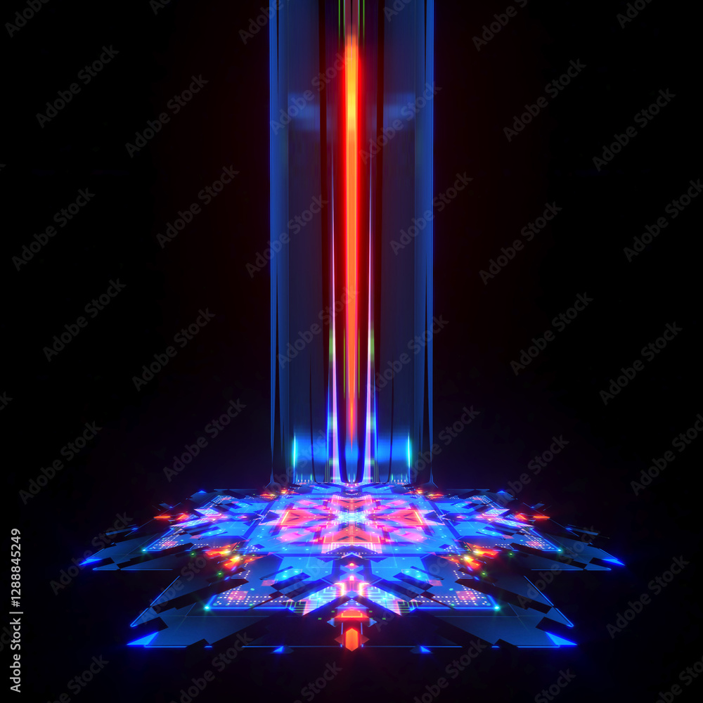 Empty digital podium with neon ligts. Glowing scene spotlights..Product ...