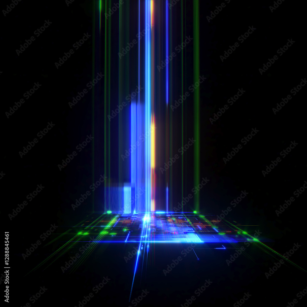 Empty digital podium with neon ligts. Glowing scene spotlights..Product ...