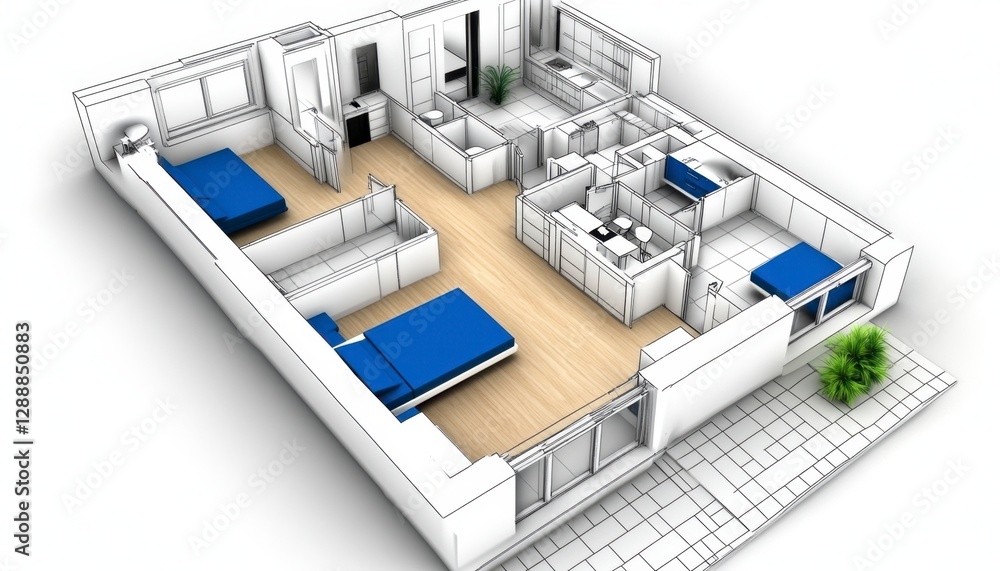 3D model of a modern house plan featuring two bedrooms, an open floor ...