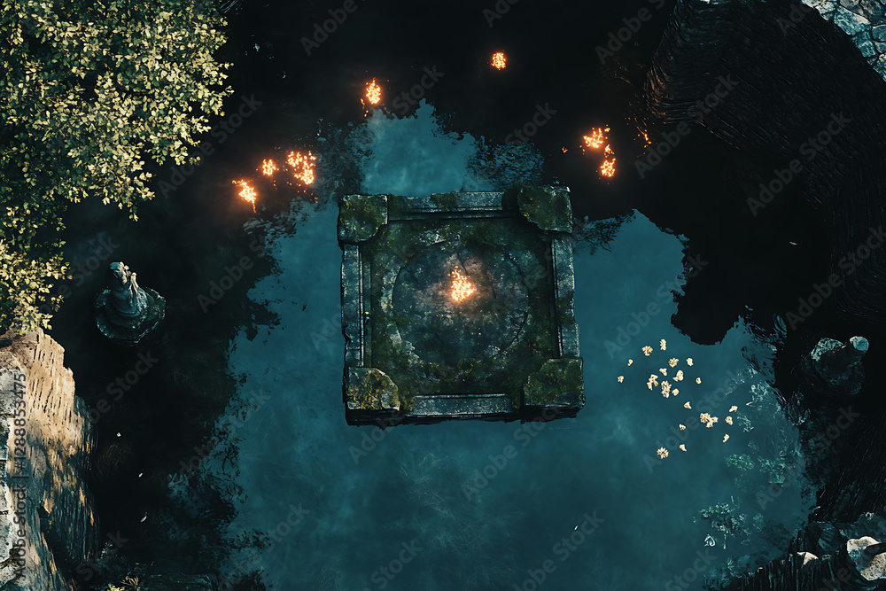 Isometric Battle Map Fantasy Game with Glowing Orbs on Ancient Stone ...