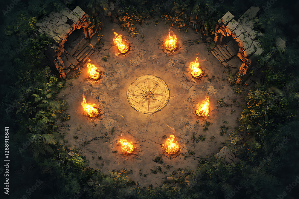 Top Down Battle Map Featuring A Circle Of Campfires In A Forest ...