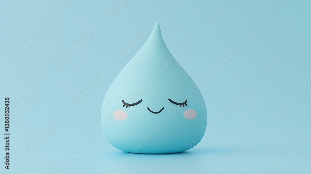 Cartoon raindrop emoji with a tiny face and soft blue hue isolate color ...