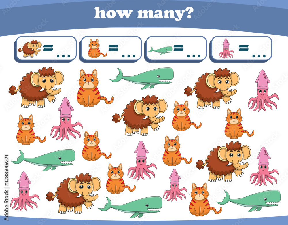 Counting game of wild animals for preschool kids. Printable. Vector ...
