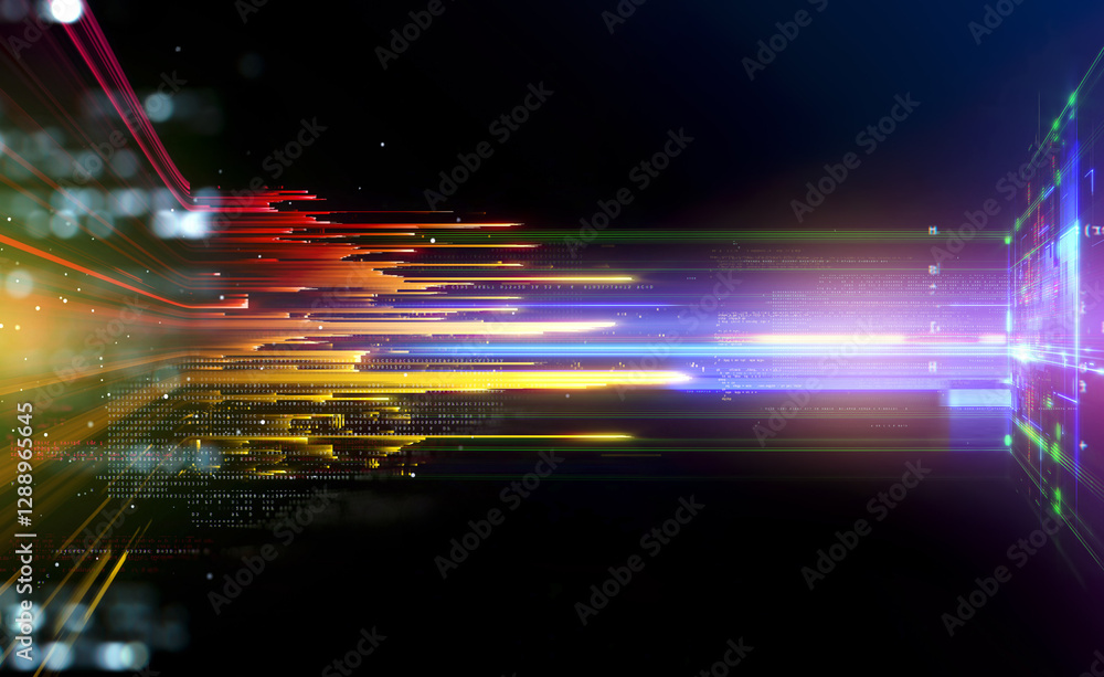 Empty digital podium with neon ligts. Glowing scene spotlights..Product ...