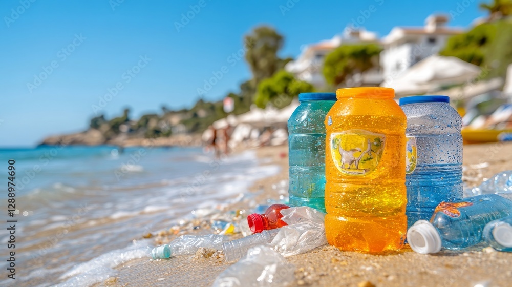 Playa contaminada por plásticos y desechos en una soleada tarde de ...