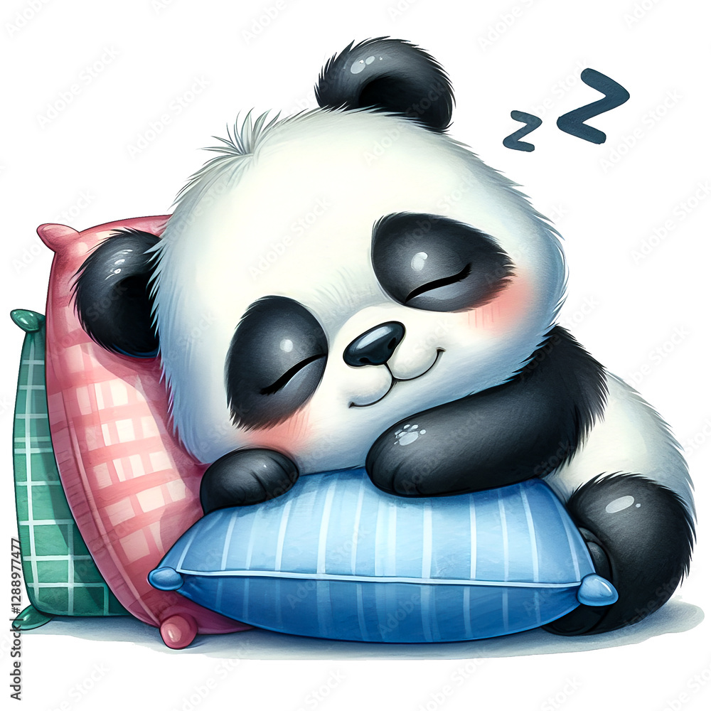 Watercolor Clipart of a cute cartoon panda with the pillows. Watercolor ...