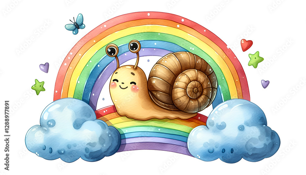 Watercolor Clipart of a cute cartoon snail with a rainbow. Watercolor ...