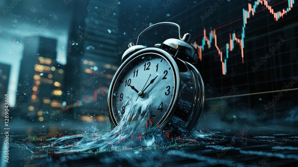 Melting clock face on stock market chart urban setting digital art ...