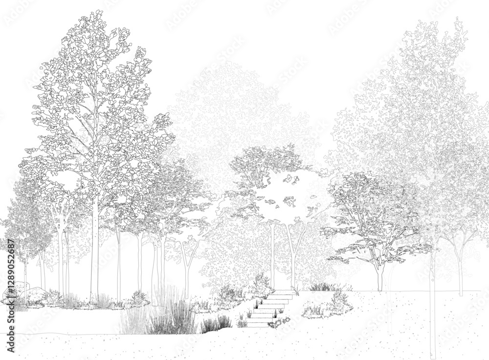 Architectural Drawings, Minimal style cad tree line drawing, Side view ...