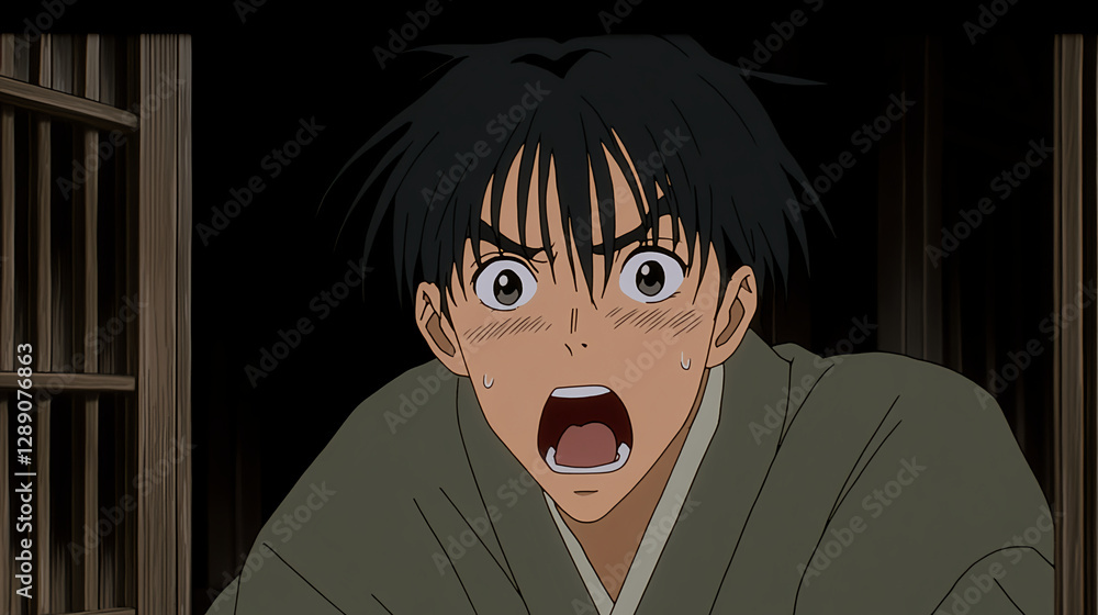 Character expressing shock and fear in anime scene dramatic setting ...