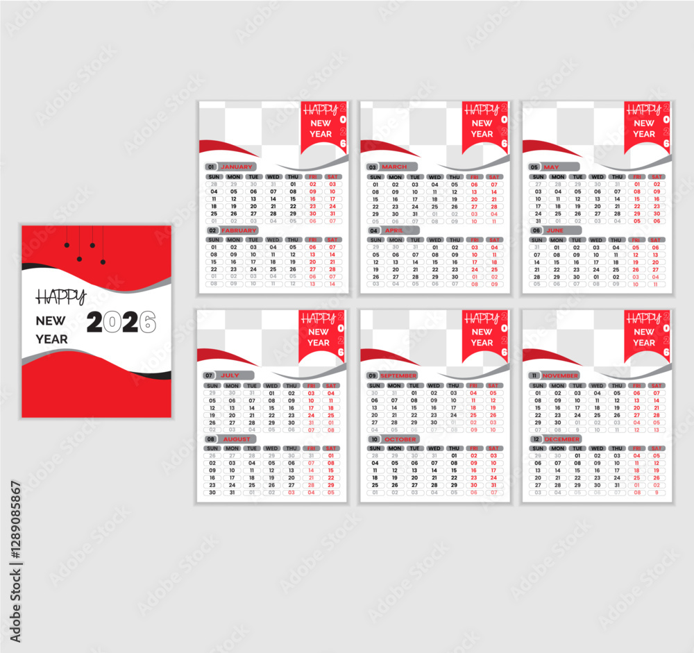 A4 size Calendar template with red and black color and white color ...