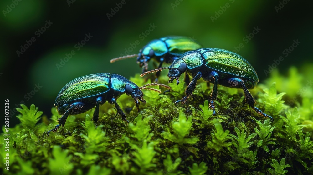 Three iridescent beetles on vibrant green moss. A close-up showcasing ...