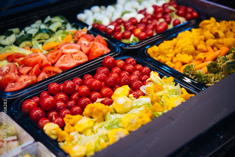 View of a lunch service station with different kinds of vegetables in ...