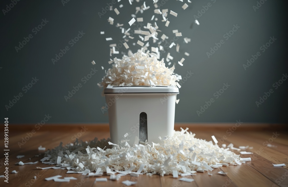 Office paper shredder overflows with shredded documents on wood floor ...