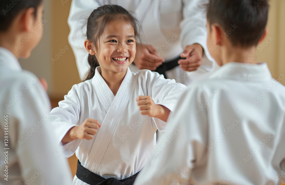 Smiling kids wearing karate uniform. Asian girl training martial arts moves with instructor and ...