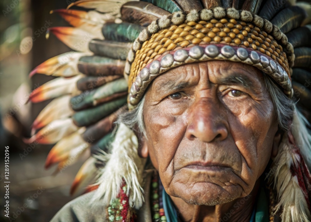 Reflective elderly indigenous man with feathered headdress in nature ...