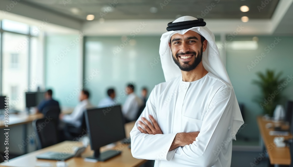 Happy Emirati Arab businessman at office wearing traditional Kandura ...