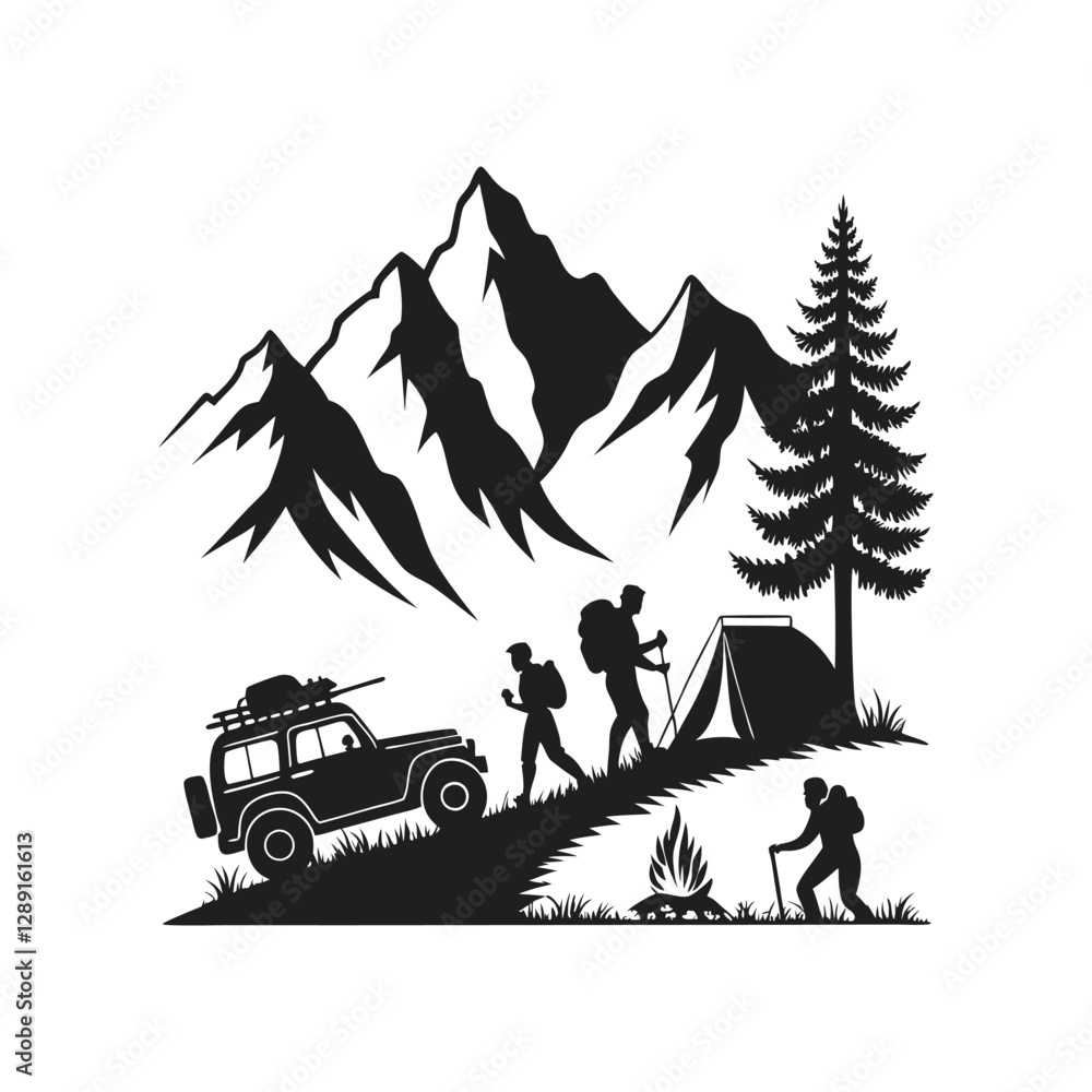 Trekking traveler, 4x4 auto, travel tent, bonfire silhouettes set ...