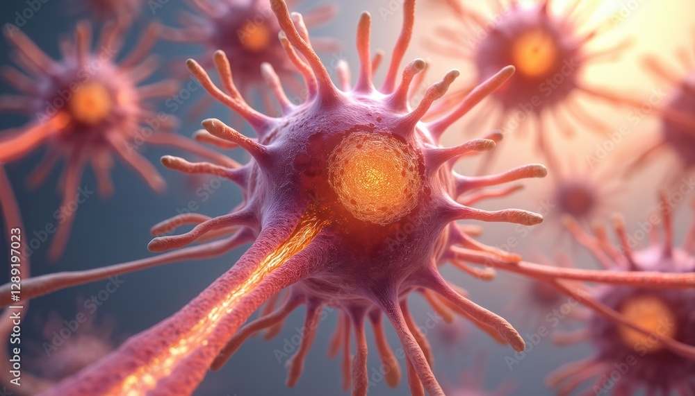 Illustration of neuron cell affected by demyelination. Nerve fibers ...