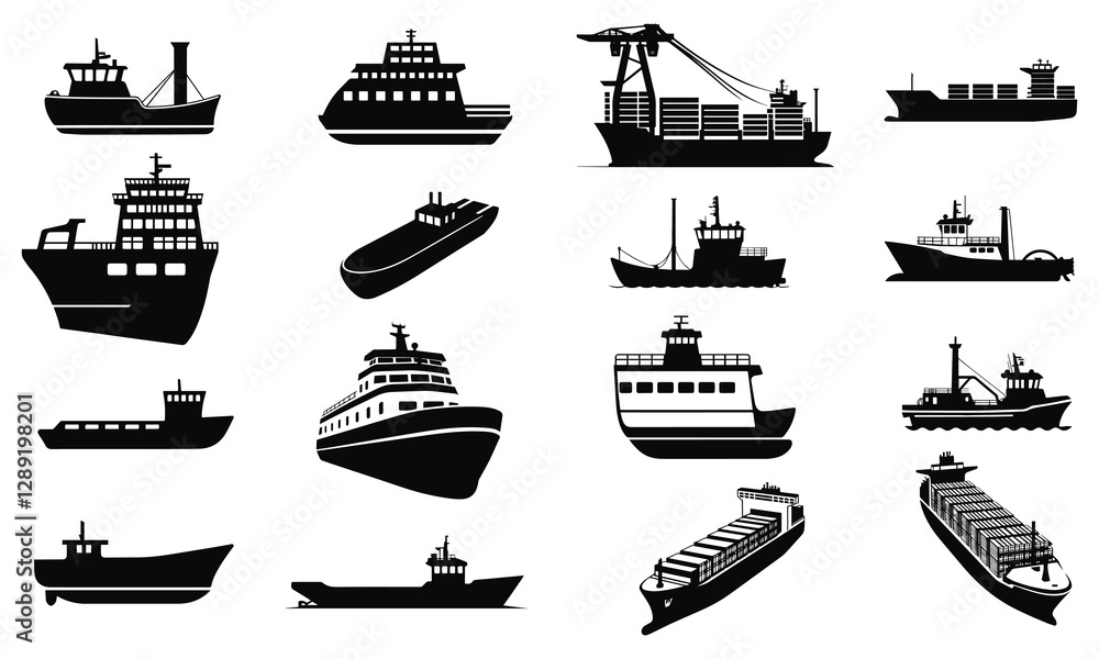 Black Silhouette Icons of Cargo Ship, Container Ship, Ferry Boat, Barge ...