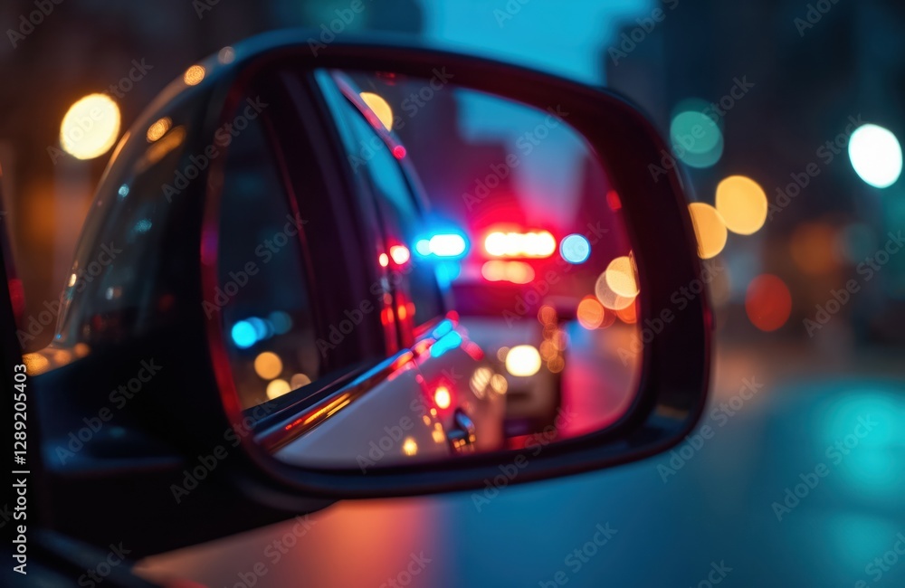 Close-up of police car lights flashing in a rear-view mirror at night ...