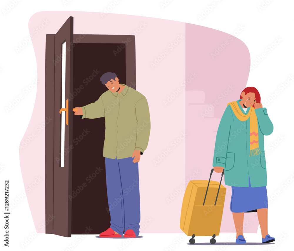 Upset husband sending off loving crying wife at home doorway, forced ...